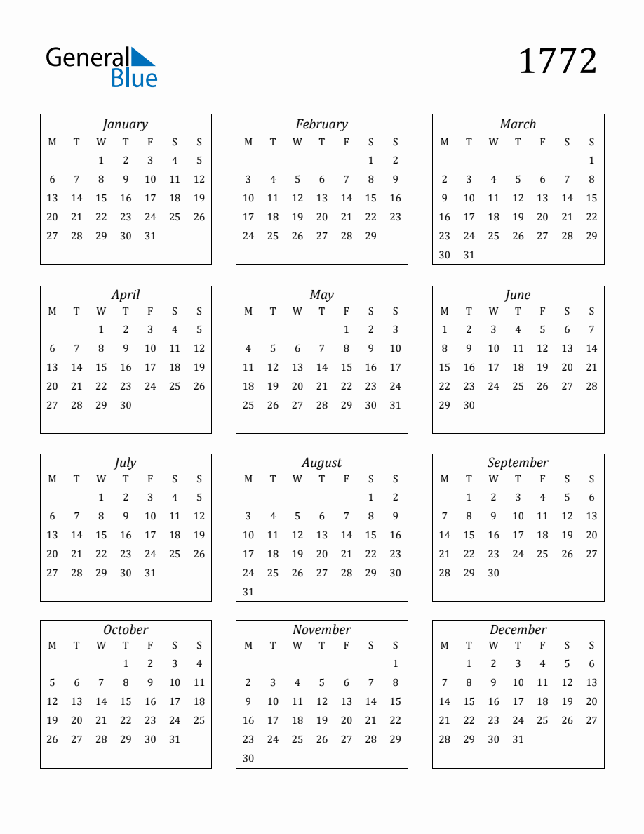 1772 Blank Yearly Calendar Printable with Monday Start