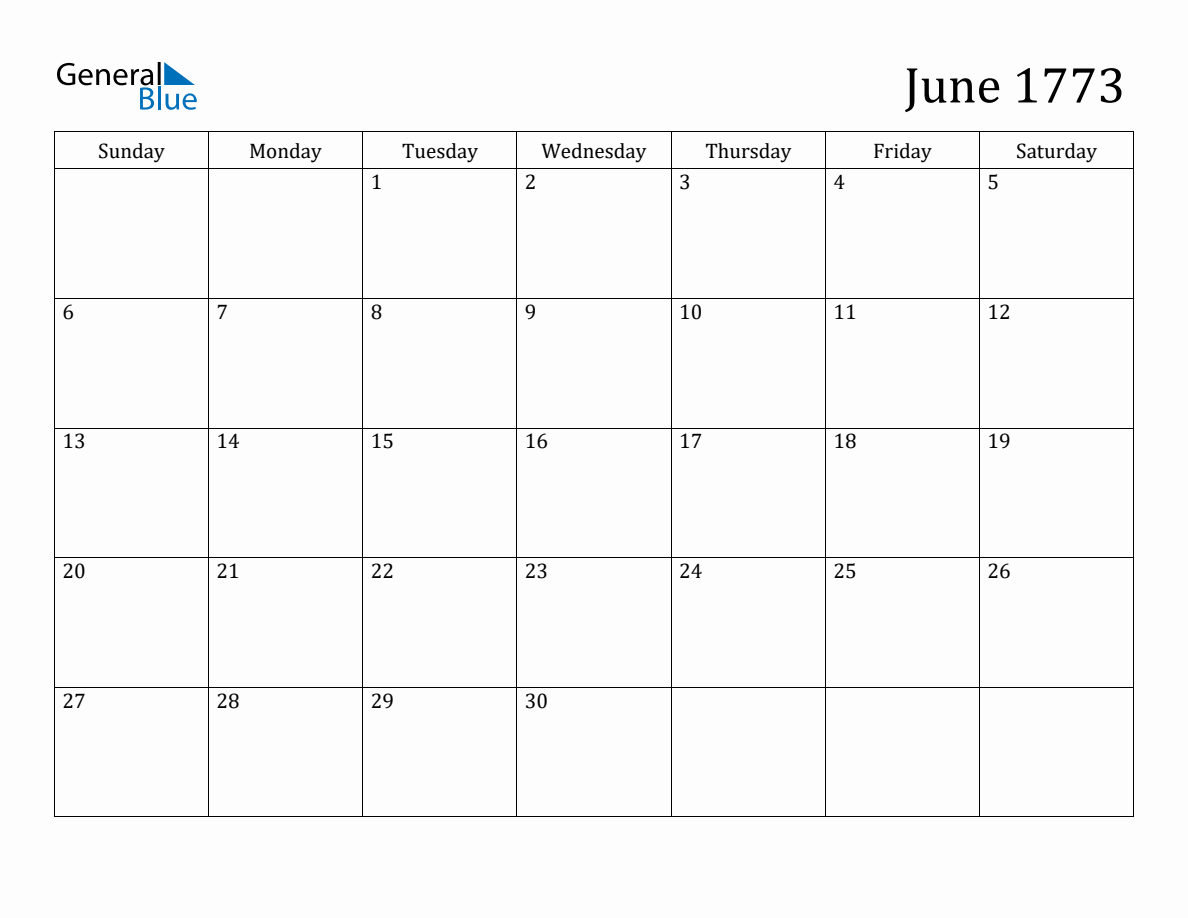 June 1773 Monthly Calendar