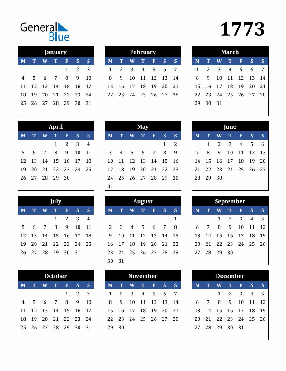 Editable 1773 Calendar with Monday Start