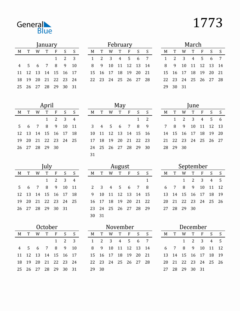 Year 1773 Free Printable 12-Month Calendar with Monday Start