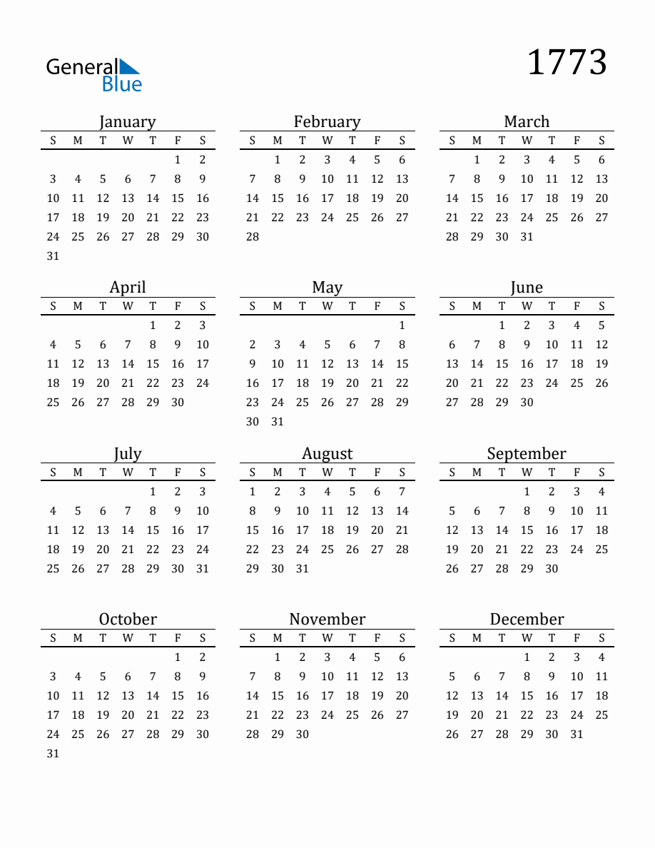 Year 1773 Free Printable 12-Month Calendar