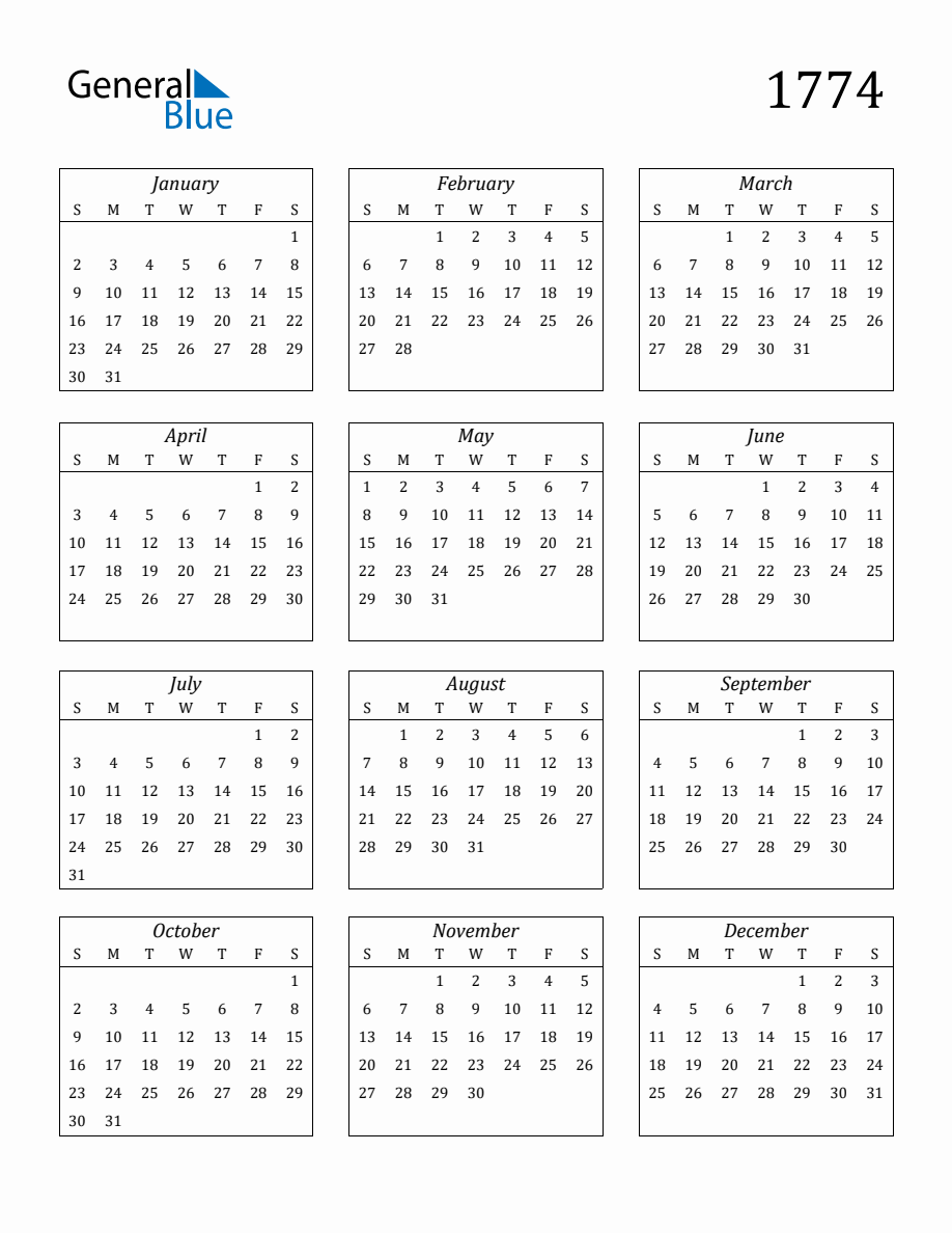 1774 Blank Yearly Calendar Printable