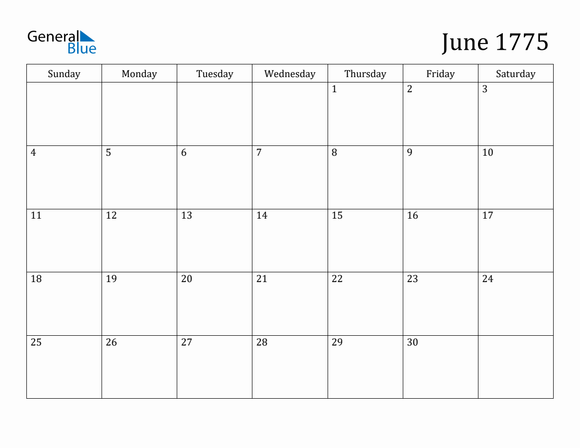 June 1775 Monthly Calendar