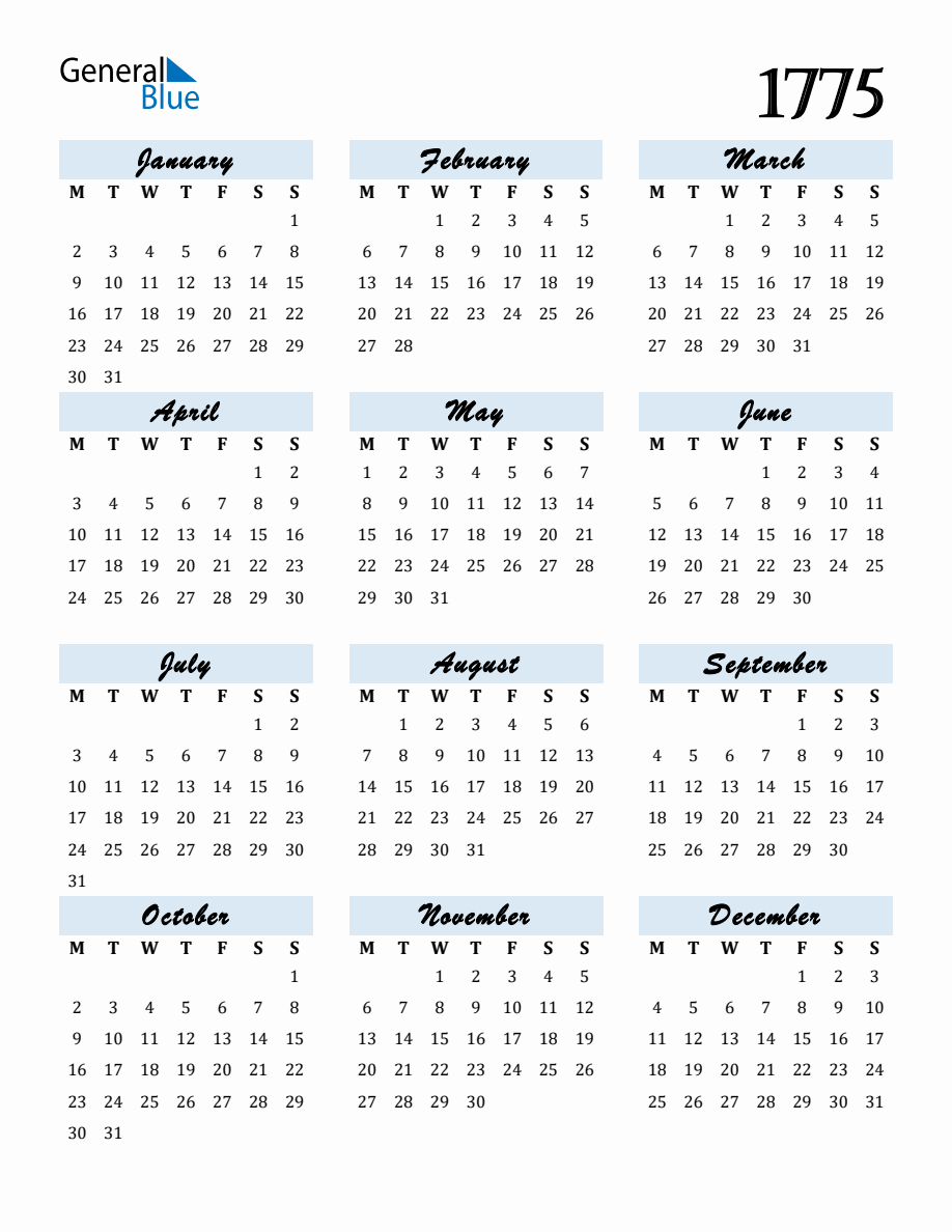 Free Downloadable Calendar for Year 1775 with Monday Start
