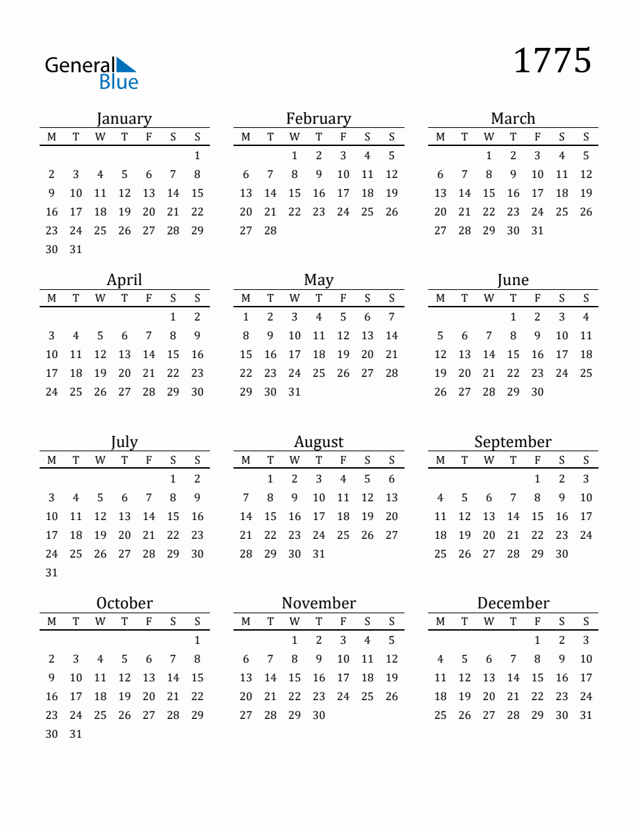 Year 1775 Free Printable 12-Month Calendar with Monday Start