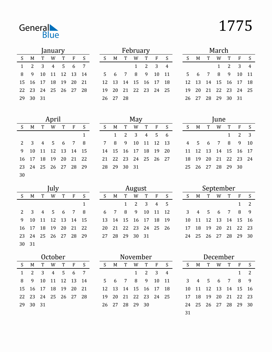 Year 1775 Free Printable 12-Month Calendar