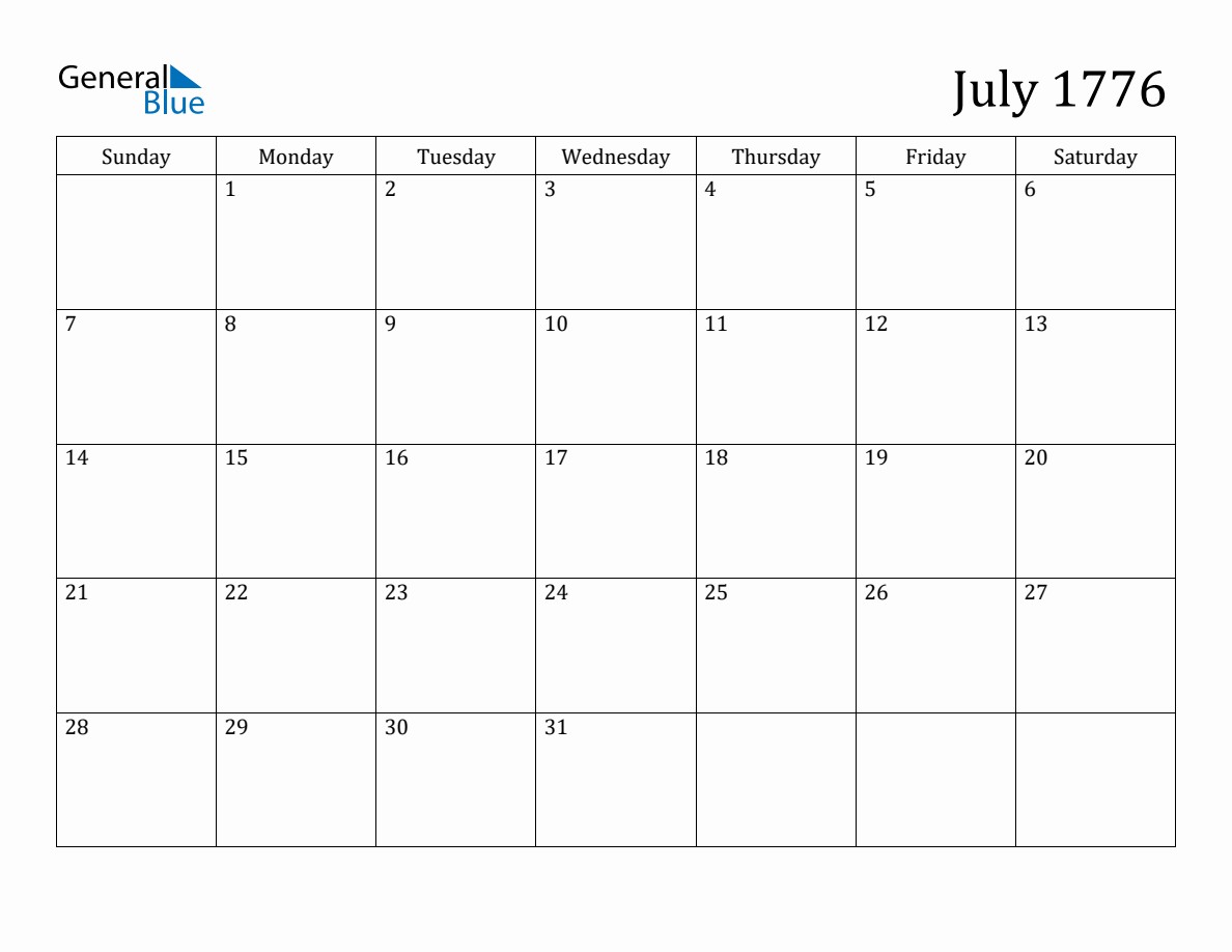July 1776 Monthly Calendar