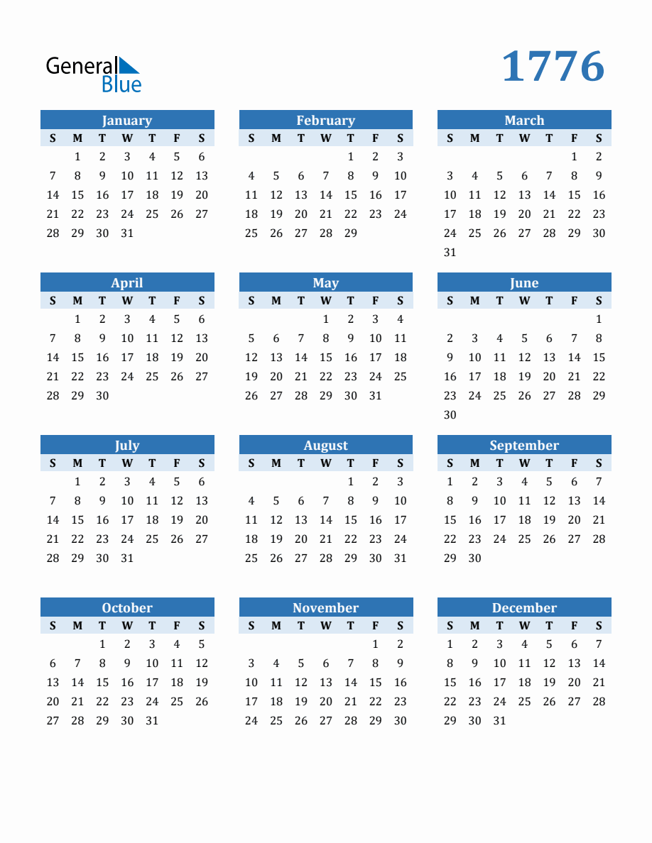 Free 1776 Year Calendar in PDF, Word, and Excel