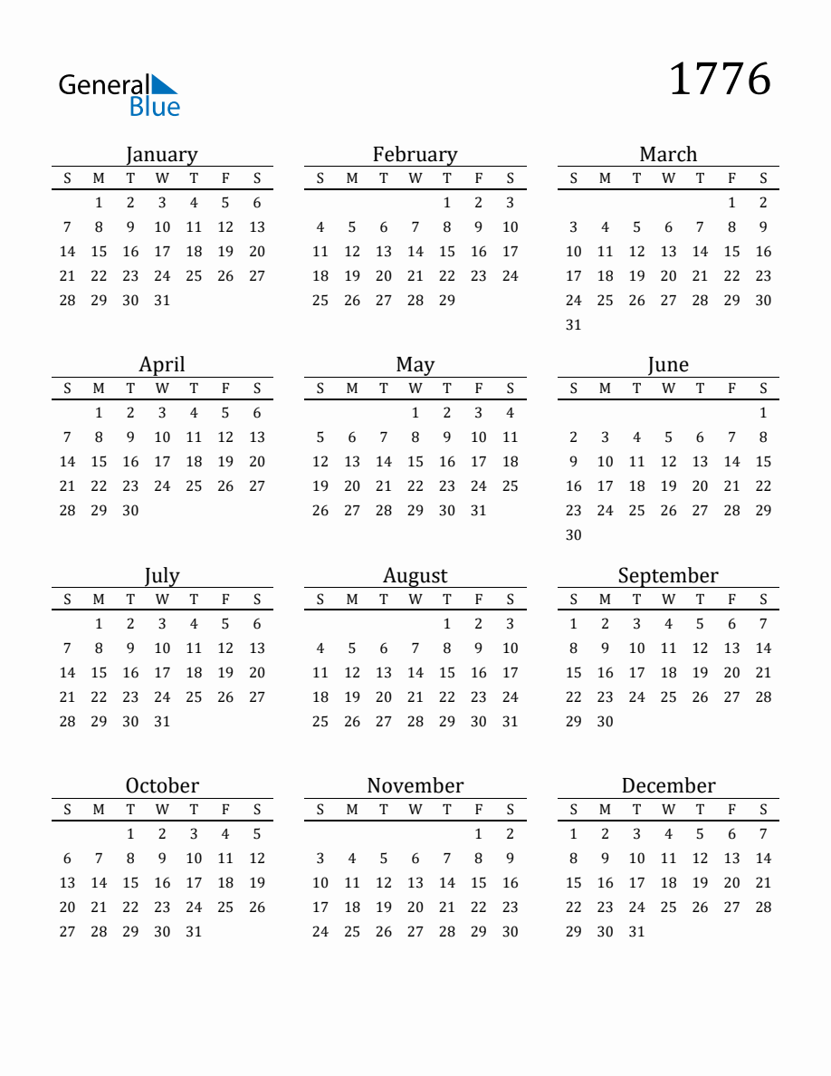 Year 1776 Free Printable 12-Month Calendar