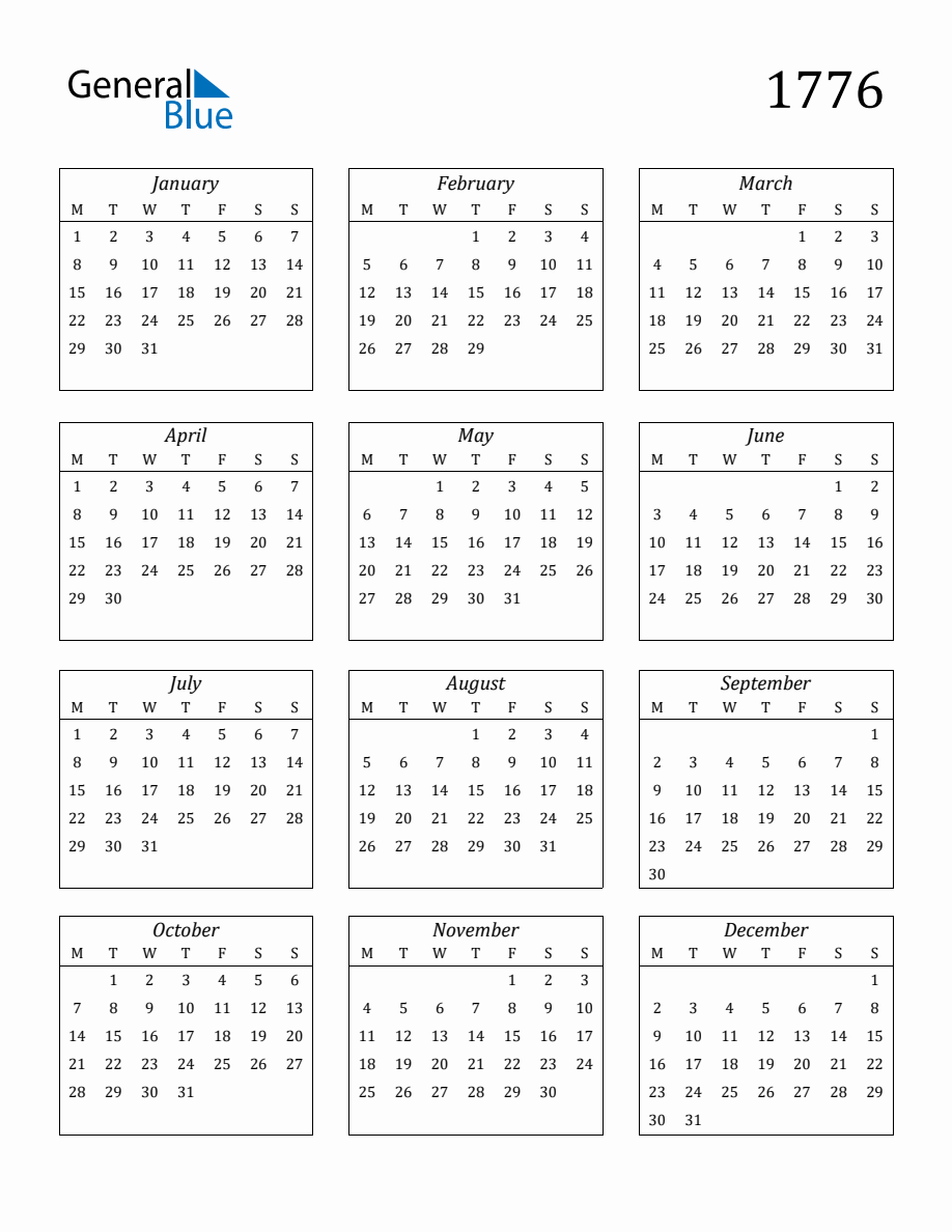 1776 Blank Yearly Calendar Printable with Monday Start
