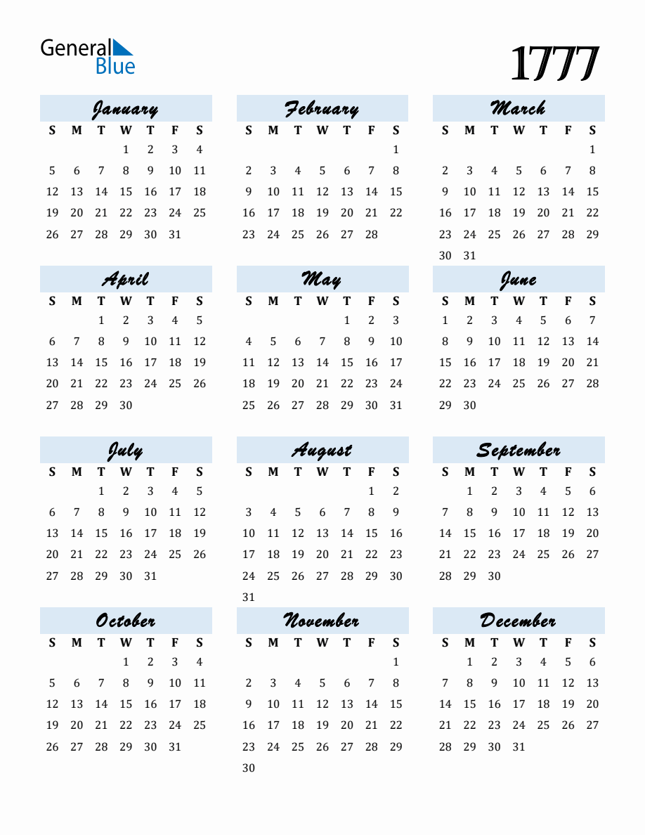 Free Downloadable Calendar for Year 1777