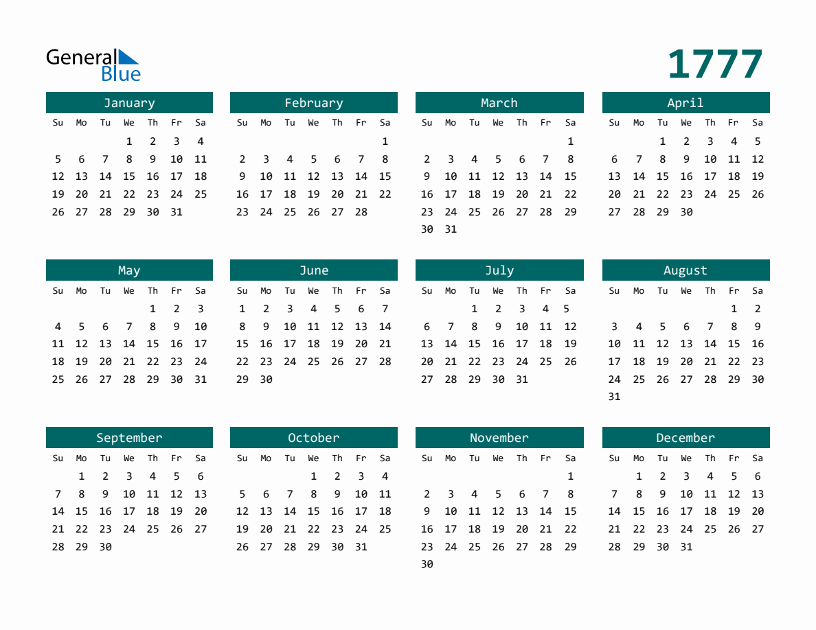 1777 Full-Year Calendar