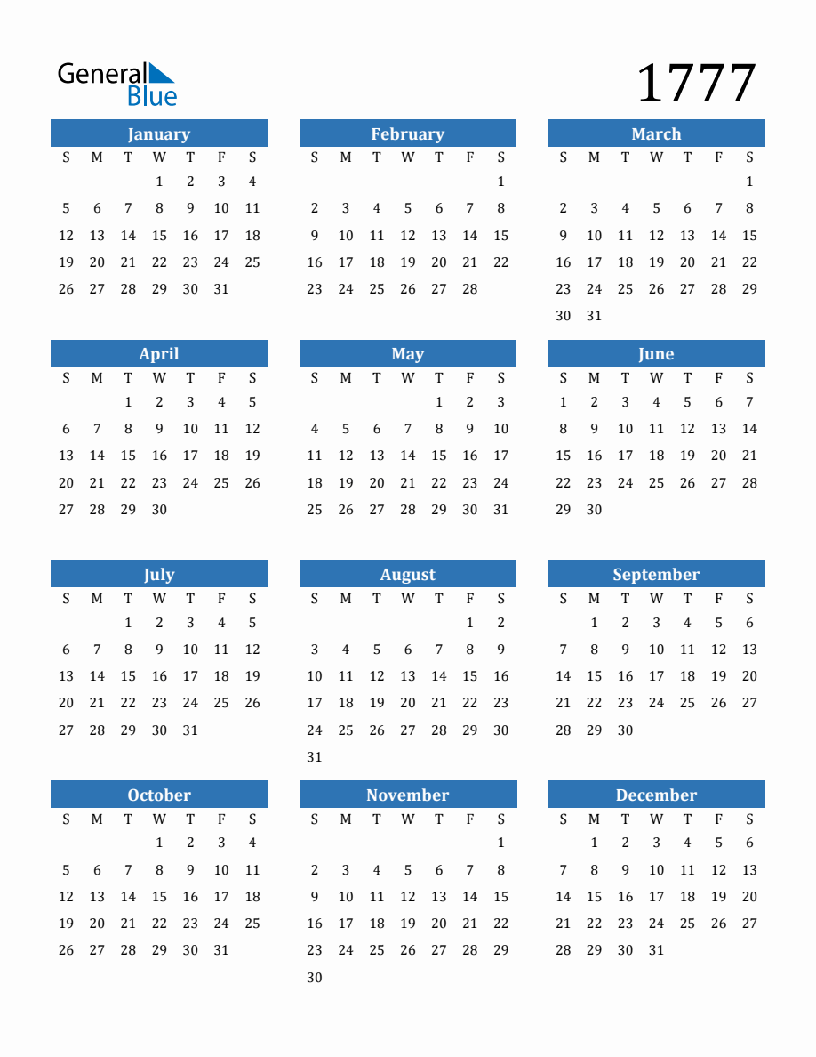 1777 Yearly Calendar