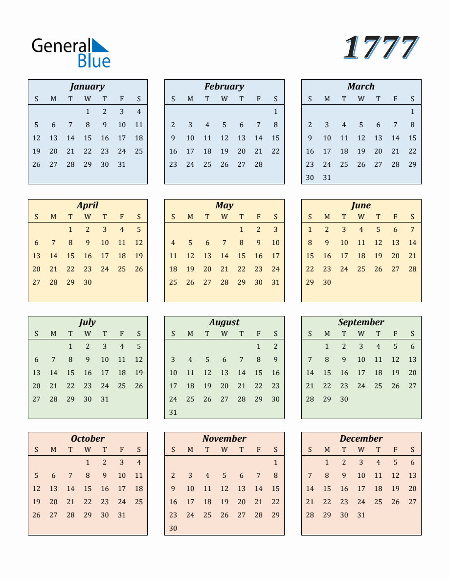 Calendar for Year 1777