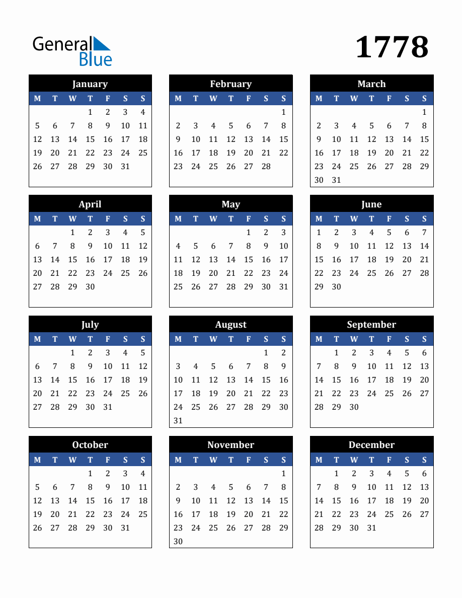 Editable 1778 Calendar with Monday Start