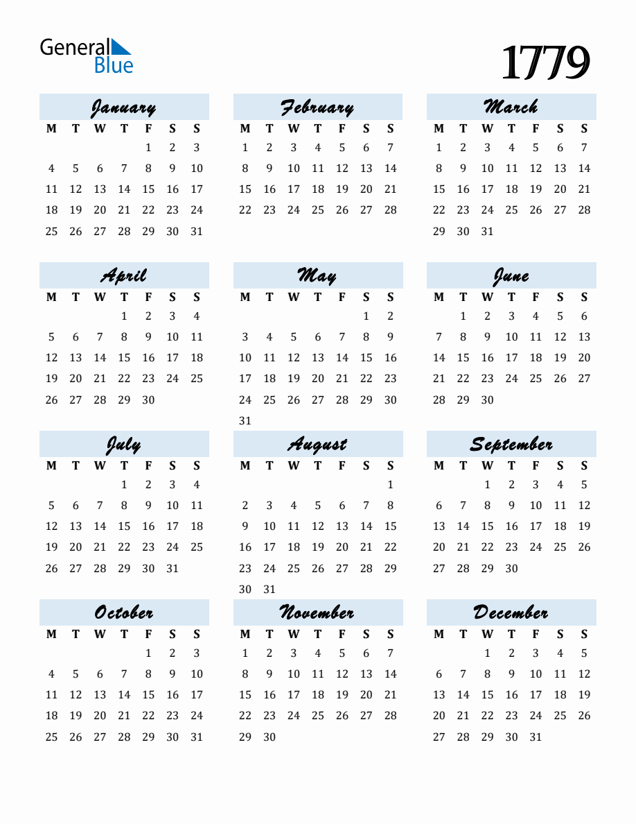 Free Downloadable Calendar for Year 1779 with Monday Start