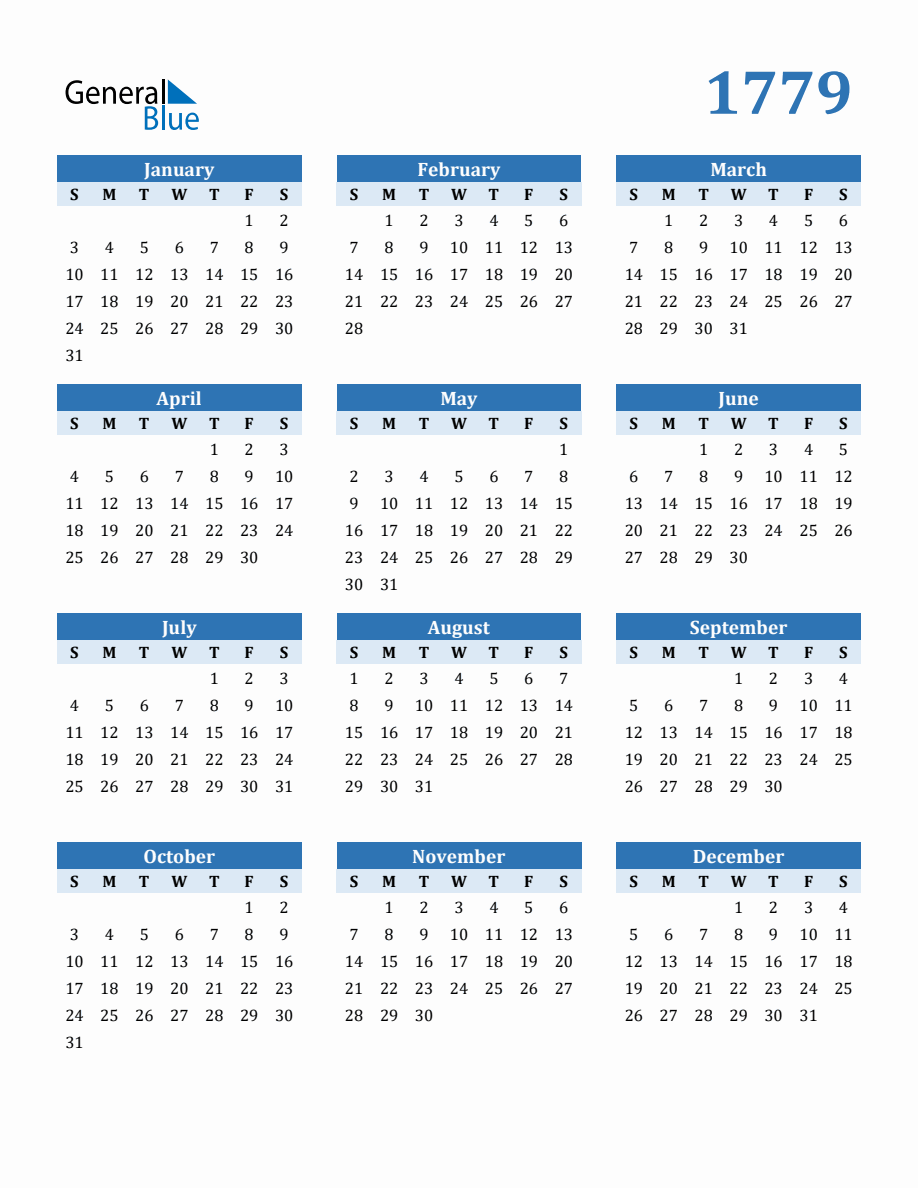 Free 1779 Year Calendar in PDF, Word, and Excel
