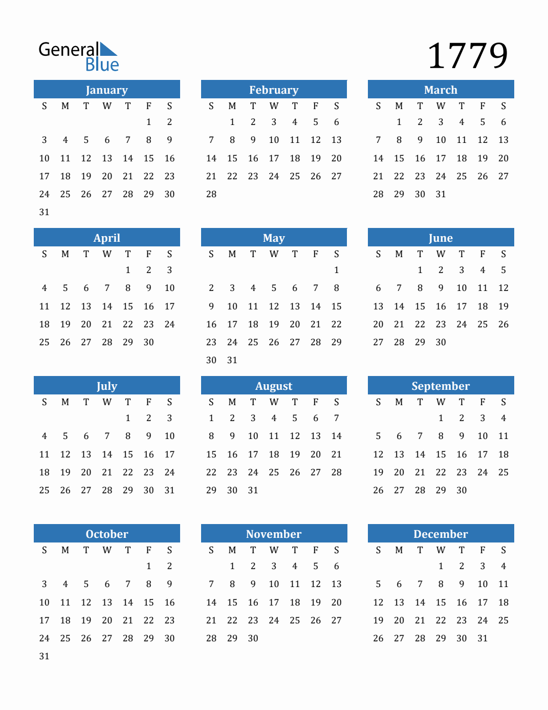 Free 1779 Calendars in PDF, Word, Excel