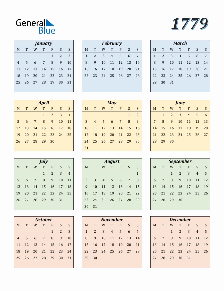 Calendar for Year 1779 with Monday Start