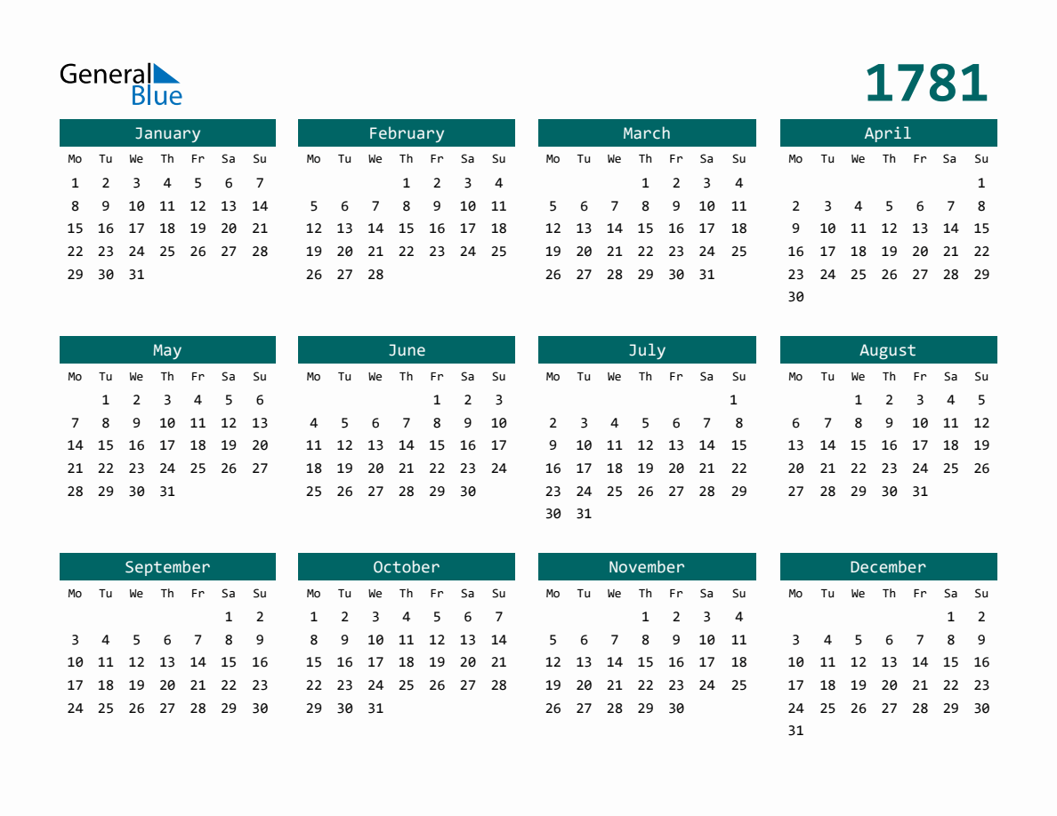 1781 Full-Year Calendar with Monday Start