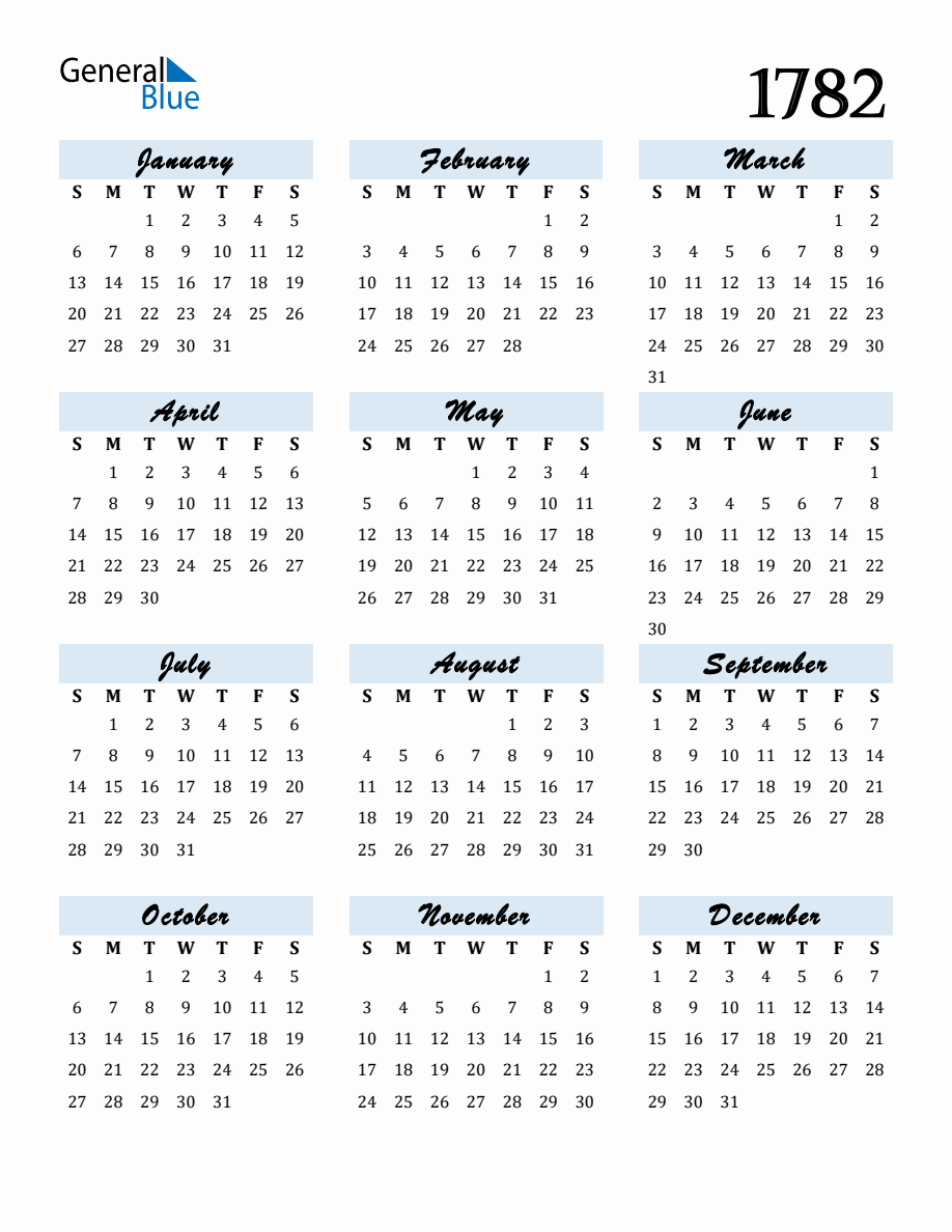 Free Downloadable Calendar for Year 1782