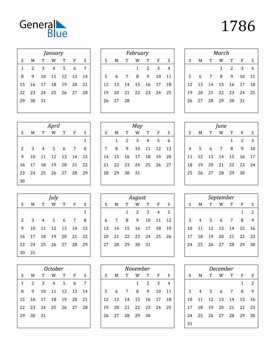 1786 Blank Yearly Calendar Printable