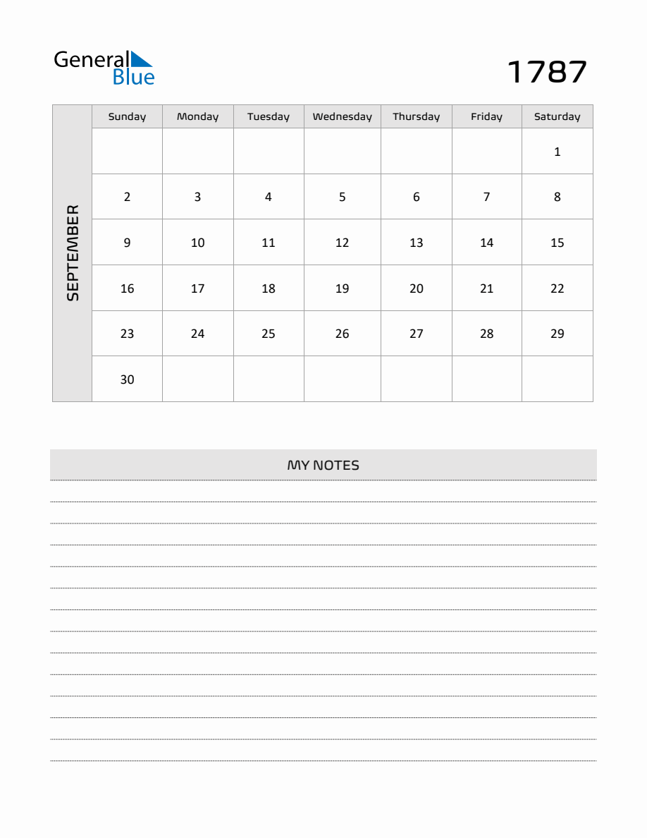 September 1787 Printable Monthly Calendar with Notes