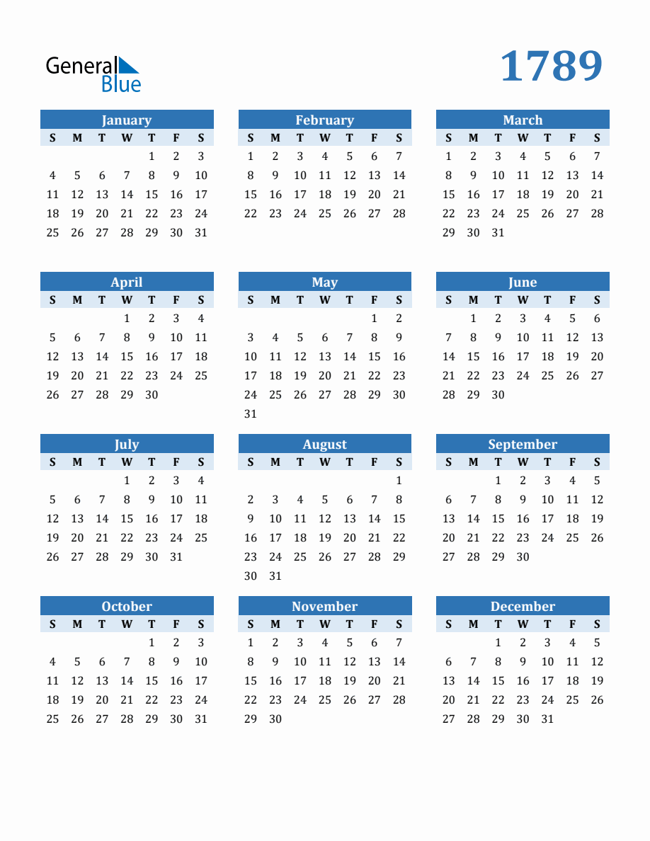 Free 1789 Year Calendar in PDF, Word, and Excel