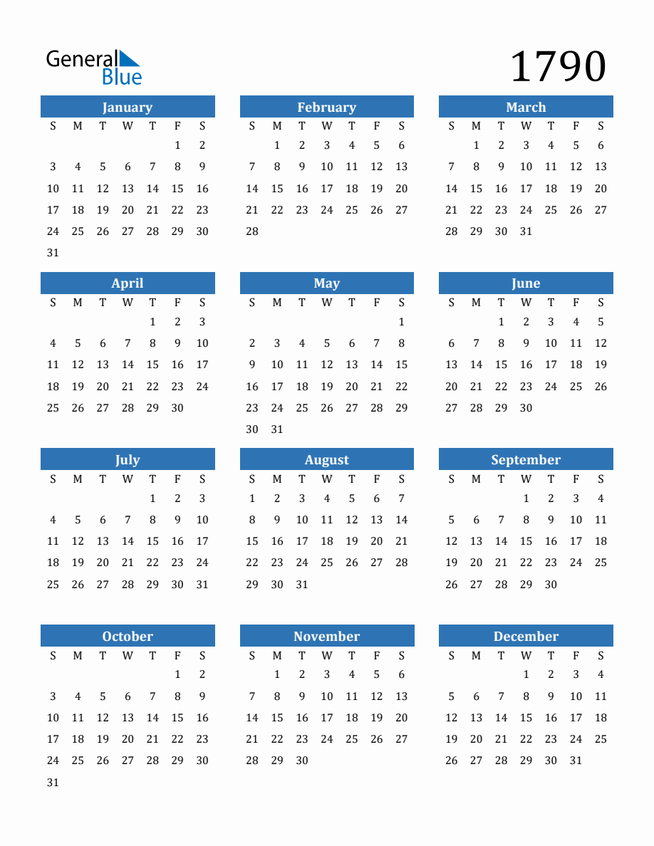 1790 Yearly Calendar