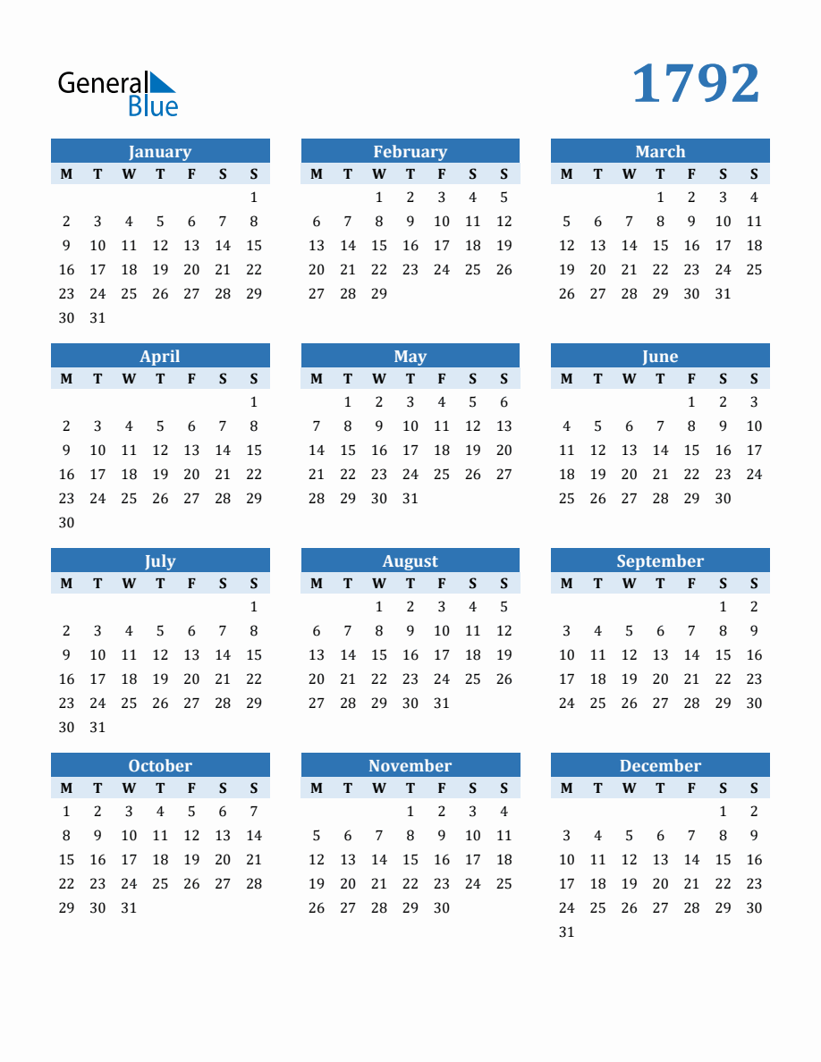 Free 1792 Year Calendar in PDF, Word, and Excel with Monday Start