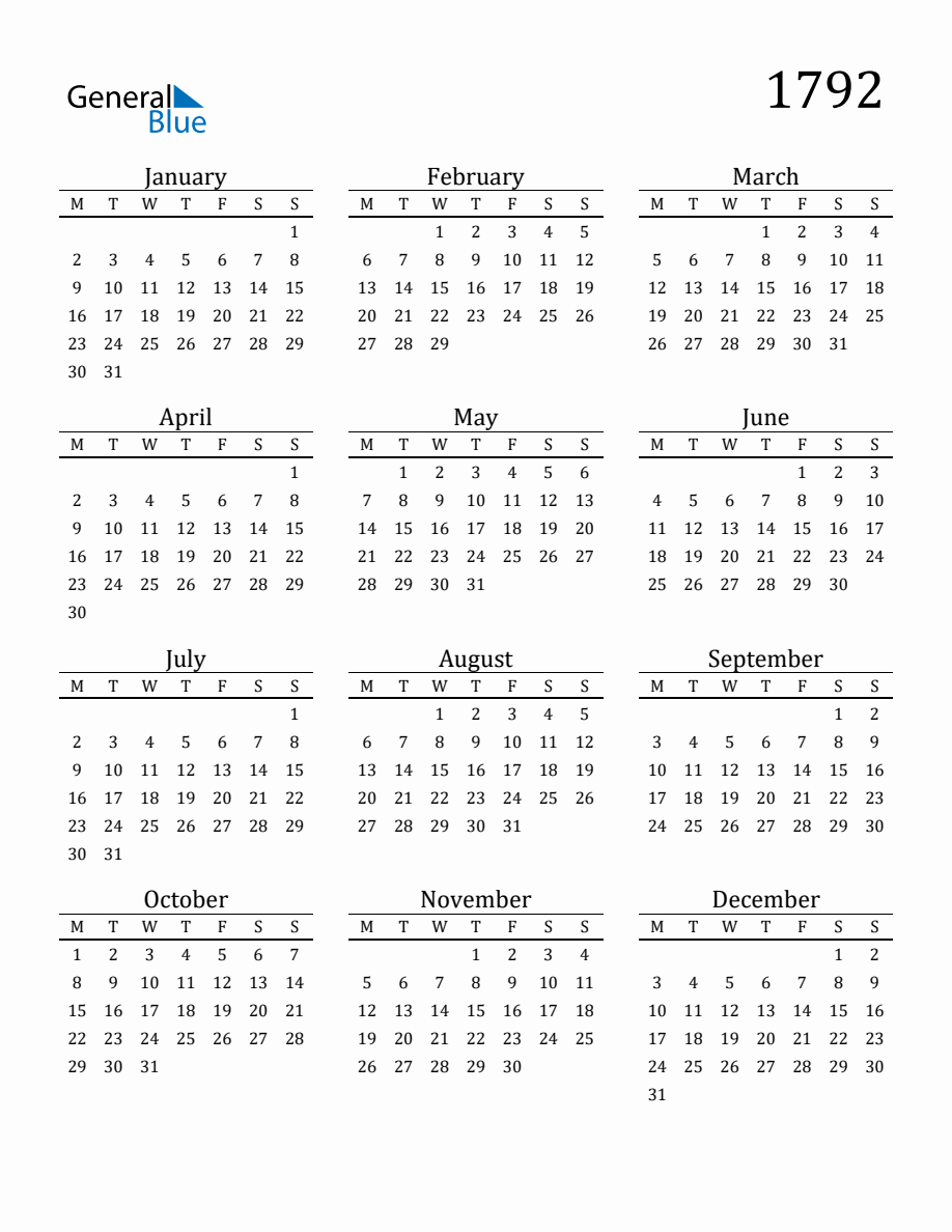 Year 1792 Free Printable 12-Month Calendar with Monday Start