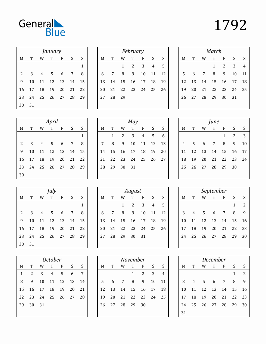 1792 Blank Yearly Calendar Printable with Monday Start