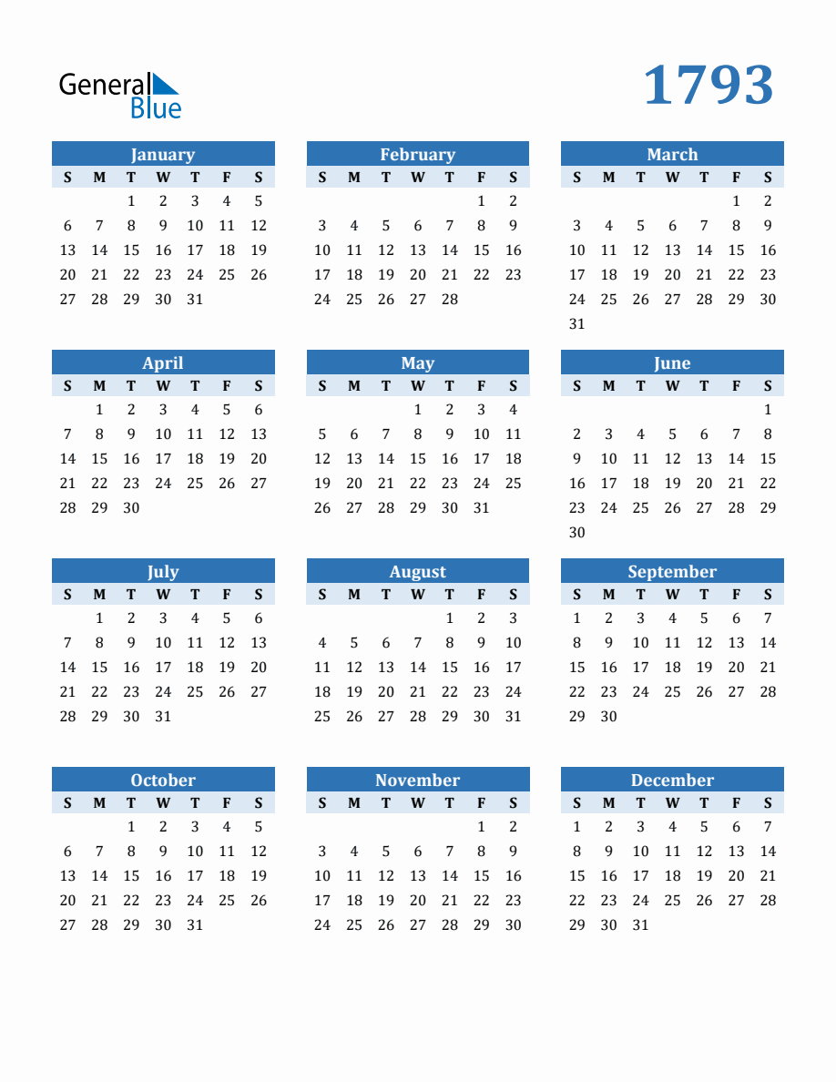 Free 1793 Year Calendar in PDF, Word, and Excel