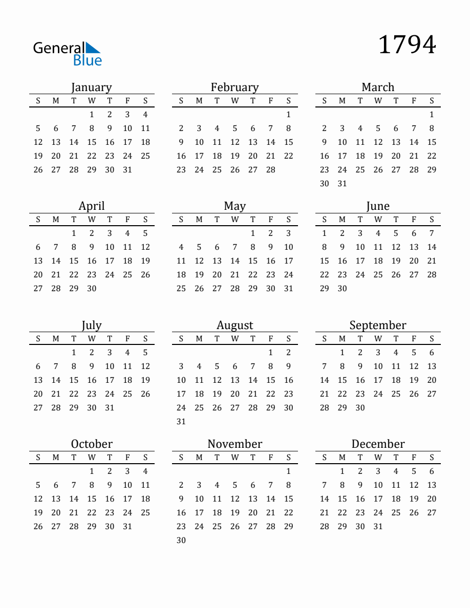 Year 1794 Free Printable 12-Month Calendar