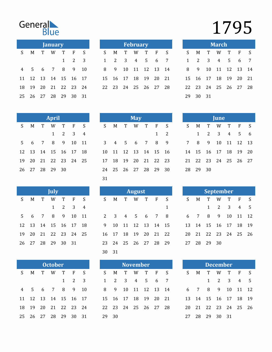 Free 1795 Calendars in PDF, Word, Excel