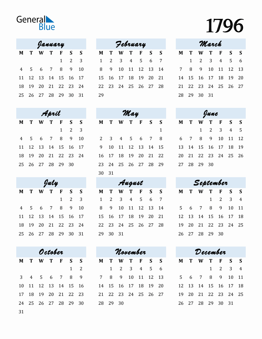 Free Downloadable Calendar for Year 1796