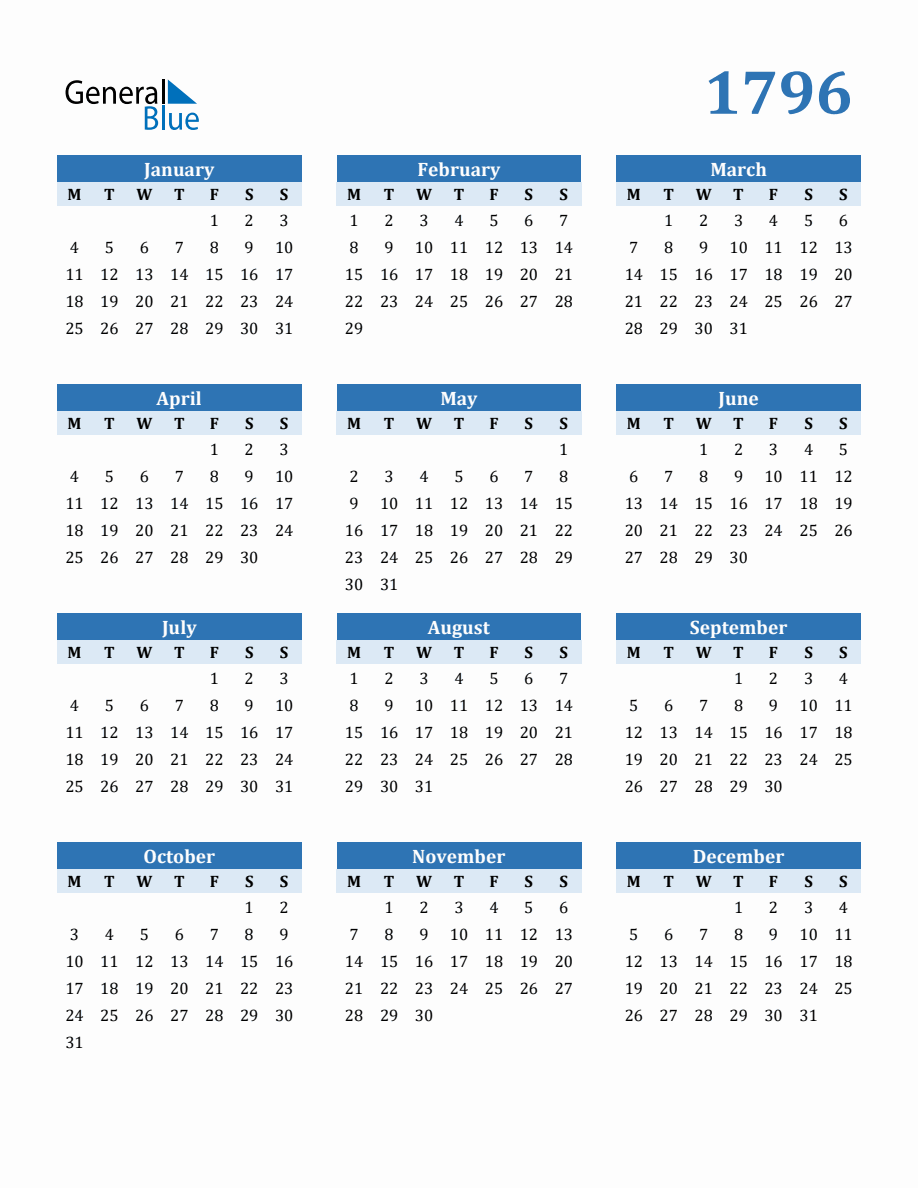 Free 1796 Year Calendar in PDF, Word, and Excel with Monday Start