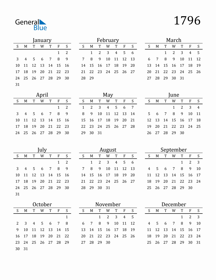 Year 1796 Free Printable 12-Month Calendar