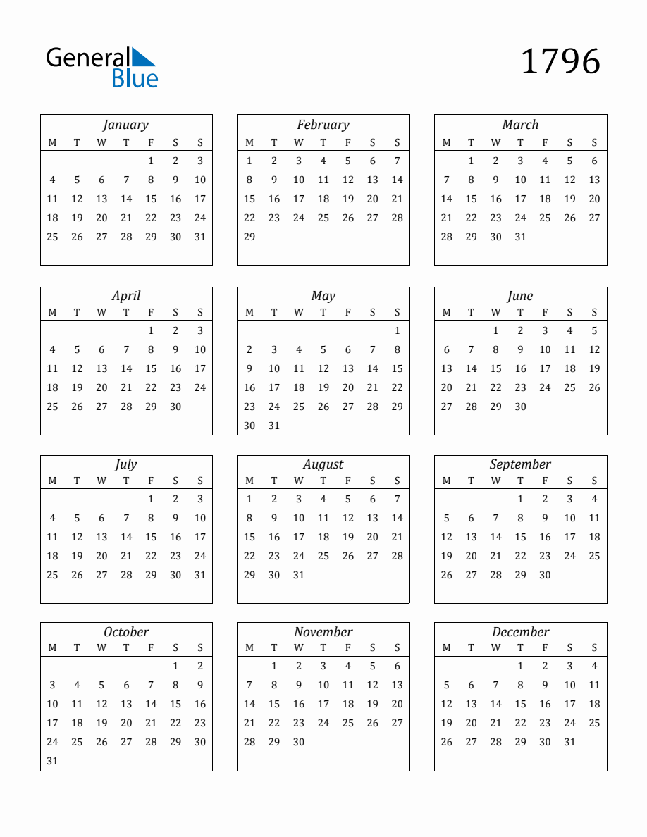 1796 Blank Yearly Calendar Printable with Monday Start