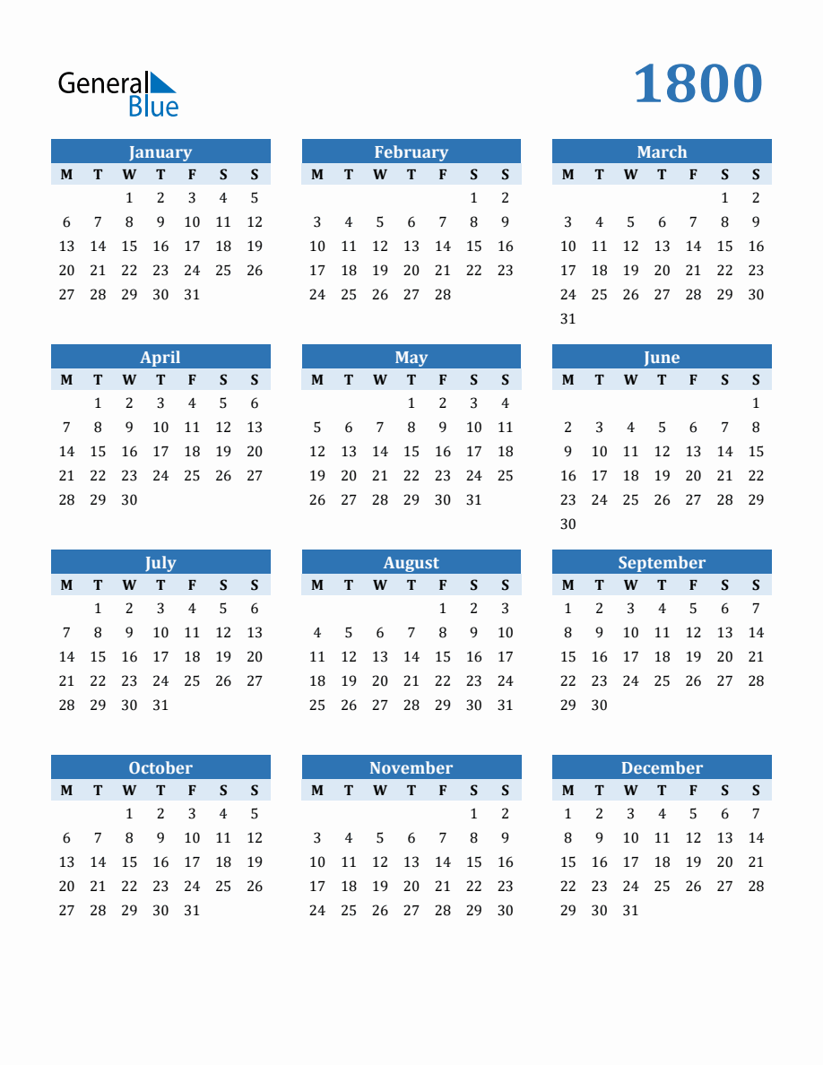 Free 1800 Year Calendar in PDF, Word, and Excel with Monday Start