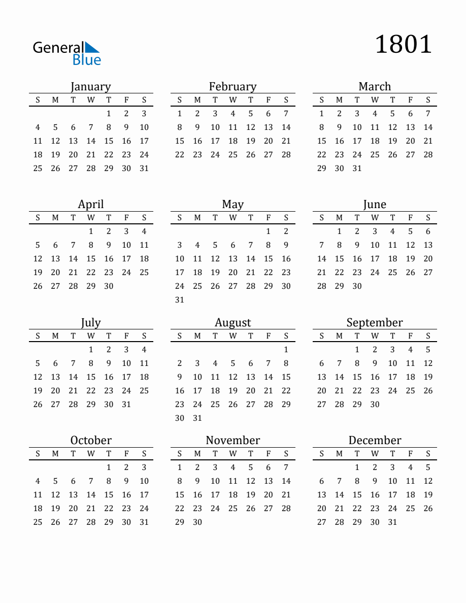 Year 1801 Free Printable 12-Month Calendar