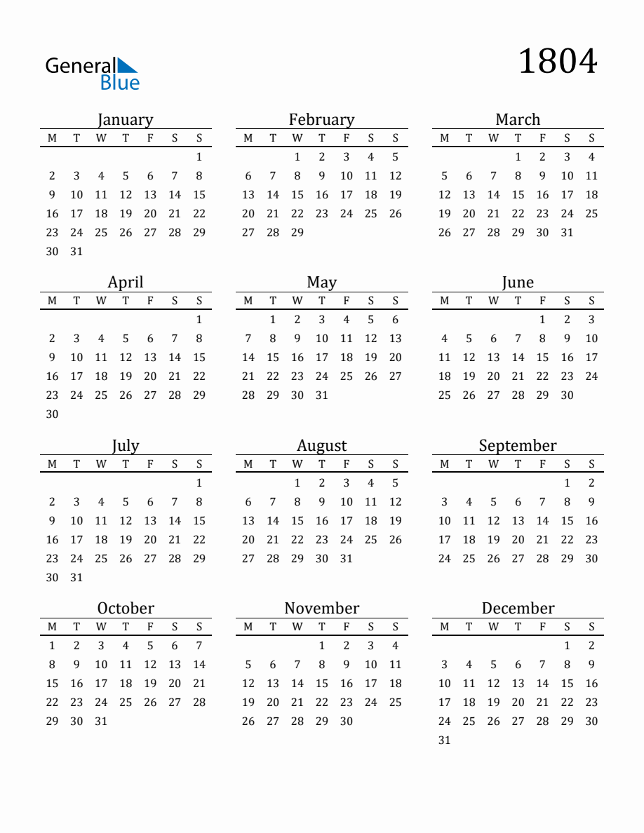 Year 1804 Free Printable 12-Month Calendar with Monday Start
