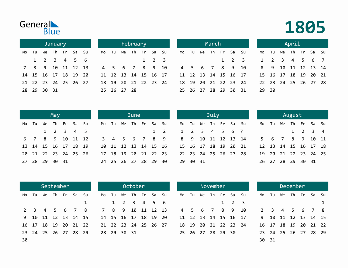 1805 Full-Year Calendar with Monday Start