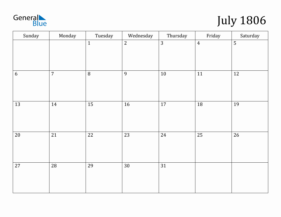 July 1806 Monthly Calendar