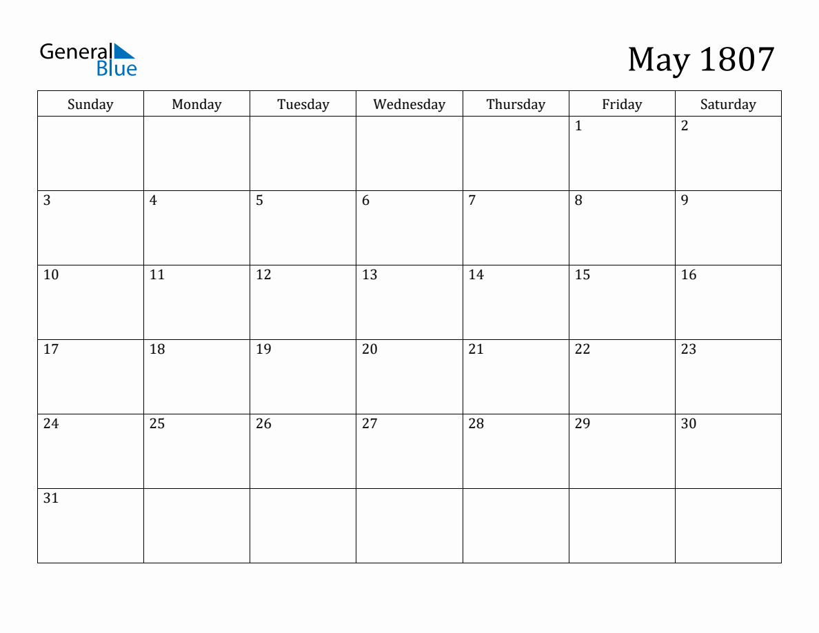 May 1807 Monthly Calendar