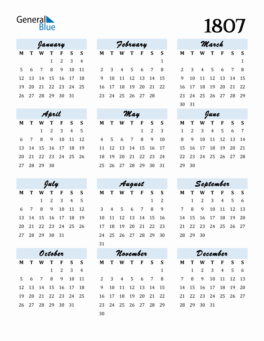 Free Downloadable Calendar for Year 1807 with Monday Start