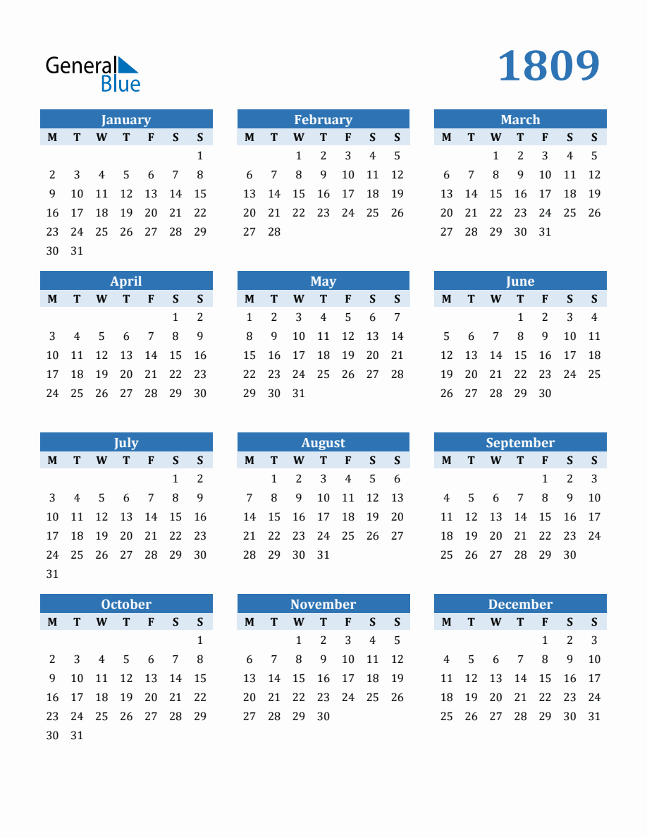 Free 1809 Year Calendar in PDF, Word, and Excel with Monday Start