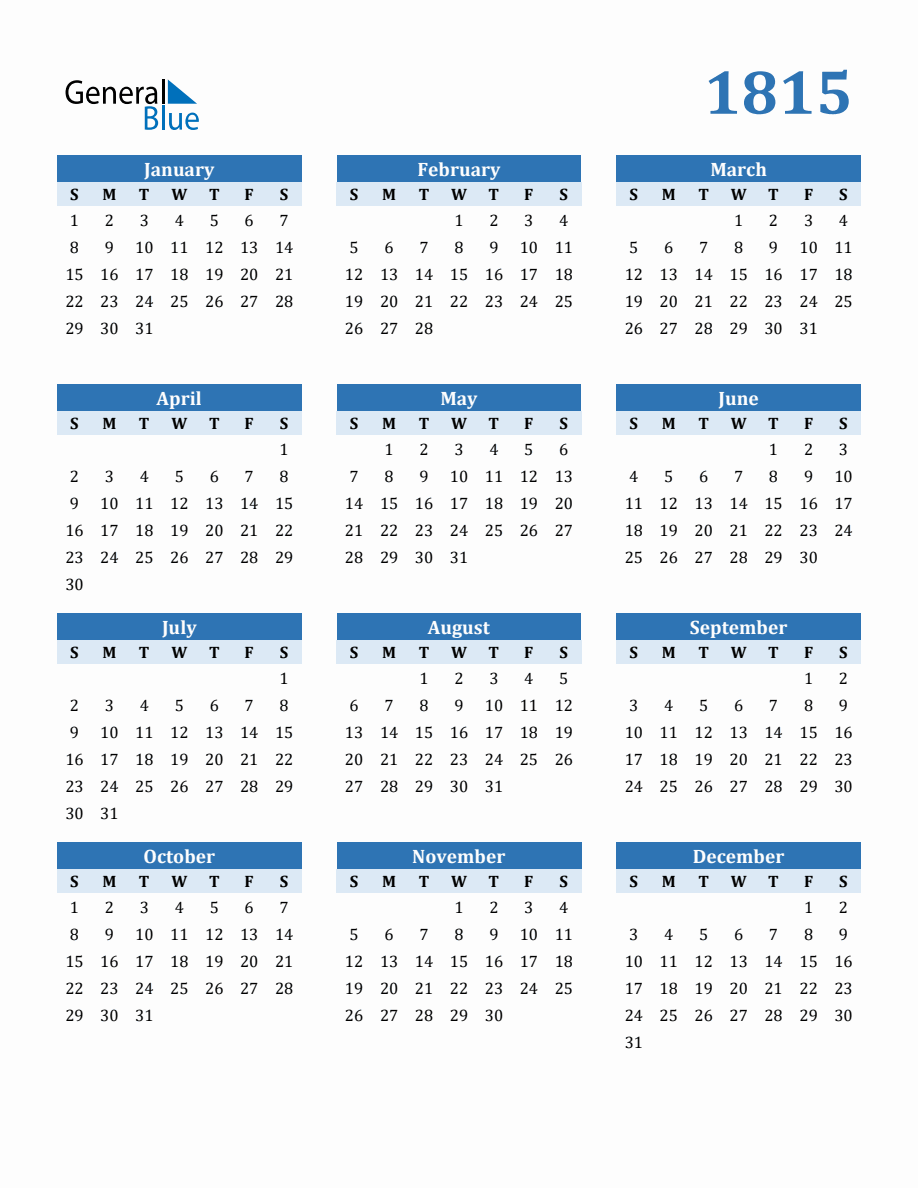 Free 1815 Year Calendar in PDF, Word, and Excel