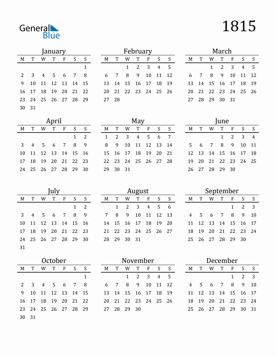 Year 1815 Free Printable 12-Month Calendar with Monday Start