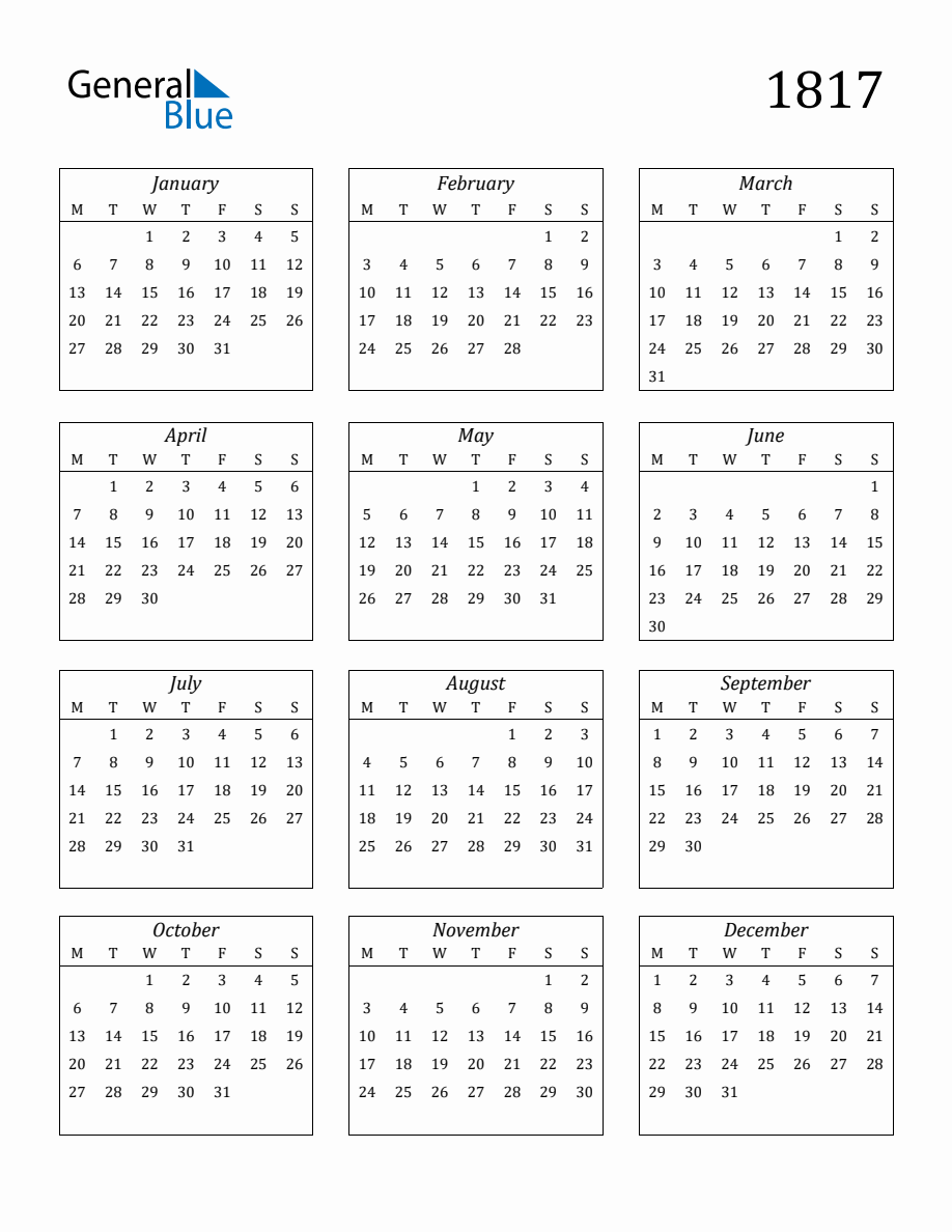 1817 Blank Yearly Calendar Printable with Monday Start